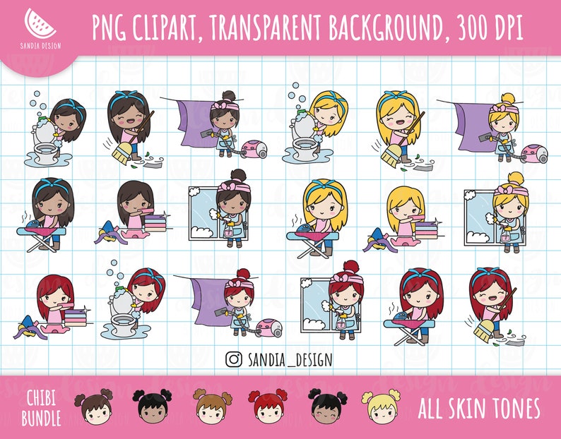 Chibi Chibi Chores Girls Bundle Clipart All Skin and Hair - Etsy