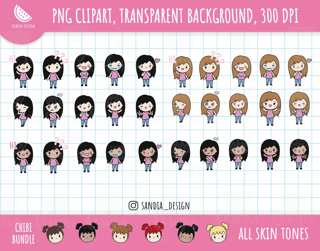 Chibi Feelings, Moods, Girls Bundle Clipart, All Skin and Hair Tones ...