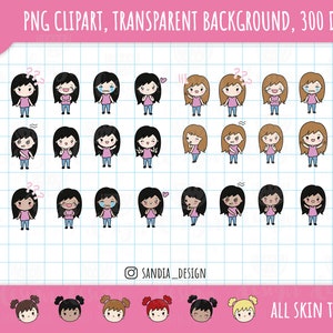 Chibi Feelings, Moods, Girls Bundle Clipart, All Skin and Hair Tones ...