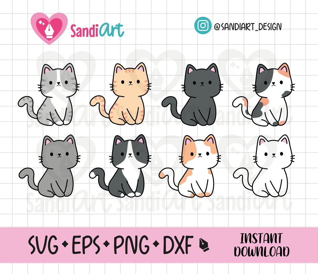 Cute Cats, Kawaii Kittens, SVG, EPS, PNG, Dxf, for Cricut, Silhouette ...