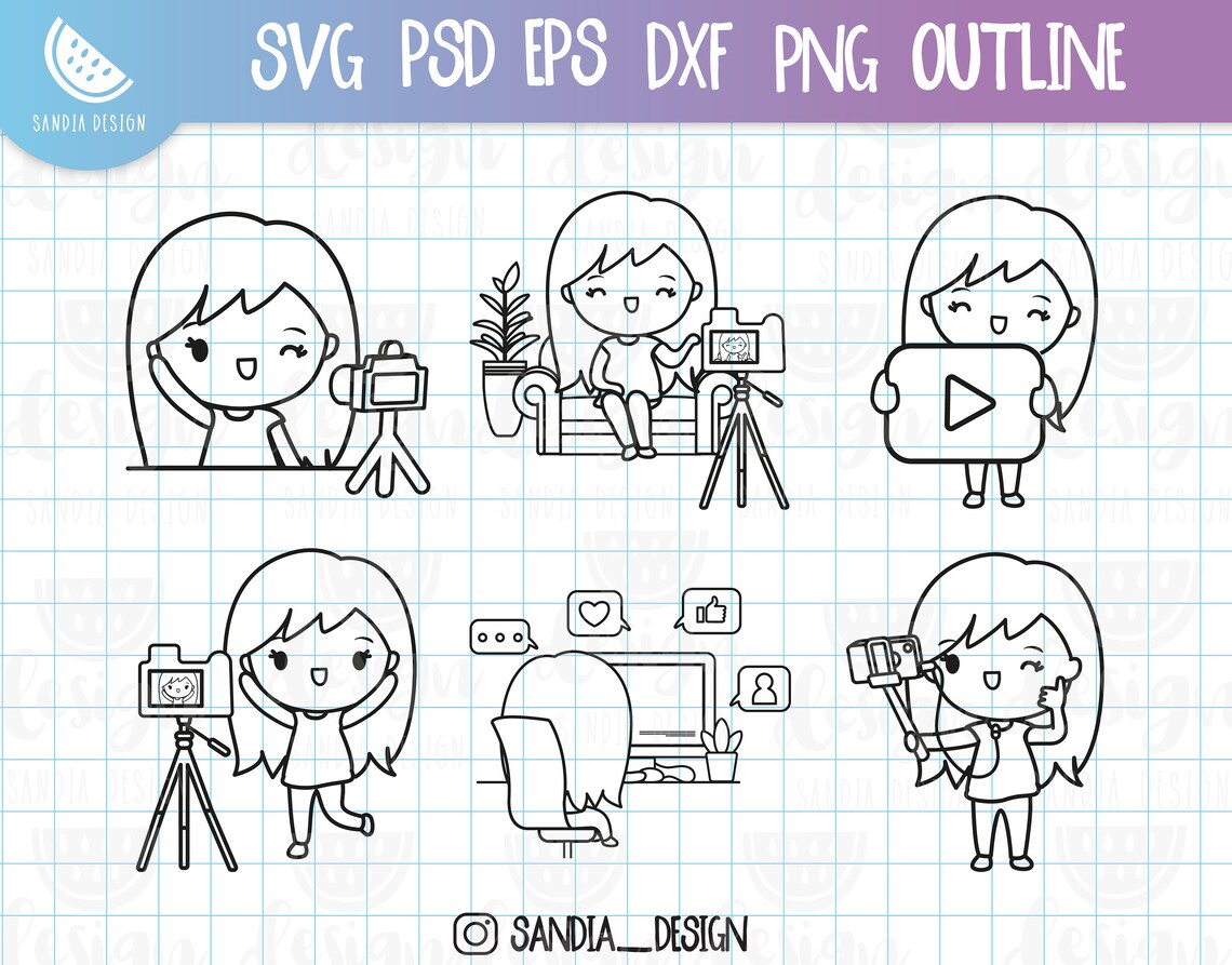 Chibi Youtuber Clip Art, Chibi Blogger, Influencer SVG, Png, PSD, Dxf ...
