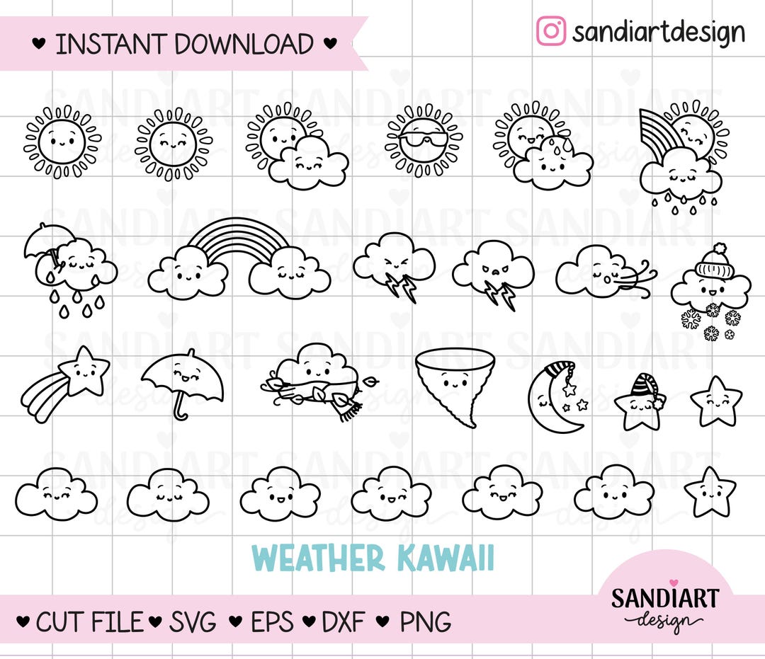 Doodle Kawaii Weather Clipart, PNG, SVG, DXF and Eps. Personal and ...