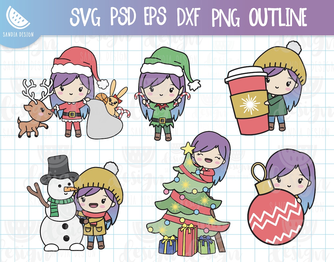 Chibi Christmas Set 2, Clip Art, Chibi Girl, SVG, Png, PSD, Dxf, EPS ...
