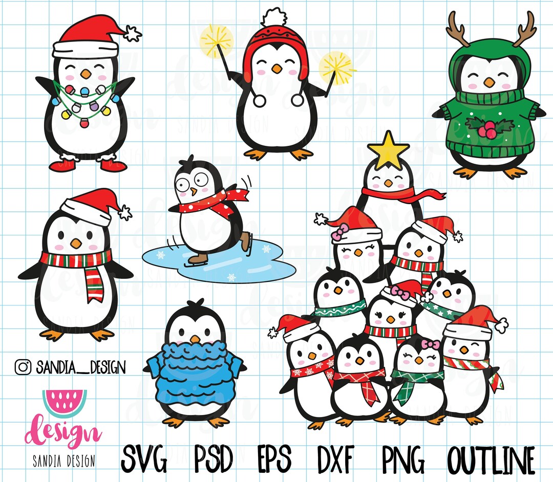 Doodle Christmas Penguin Set 2, Clipart. Kawaii Penguin, Digital Stamp ...