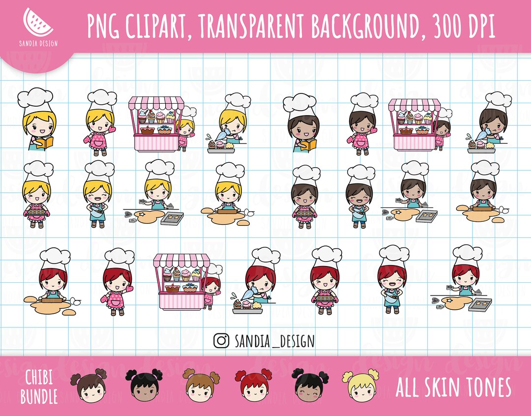 Chibi Bakery, Girls Bundle Clipart, All Skin and Hair Tones. Chibi Girl ...