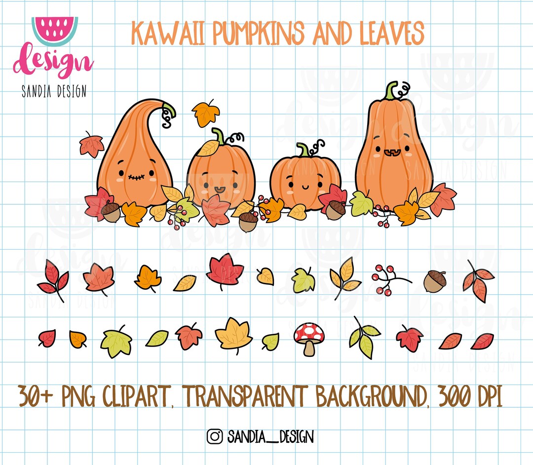 Kawaii Pumpkins and Leaves Clipart. Fallset. Autumn Set. Personal and ...