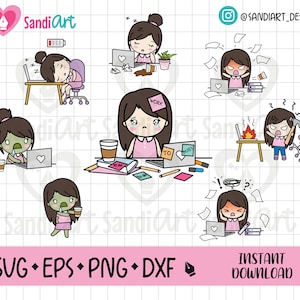 Work Lady, Overworked Chibi Clip Art, Chibi Girl, SVG, PNG, Dxf, EPS ...