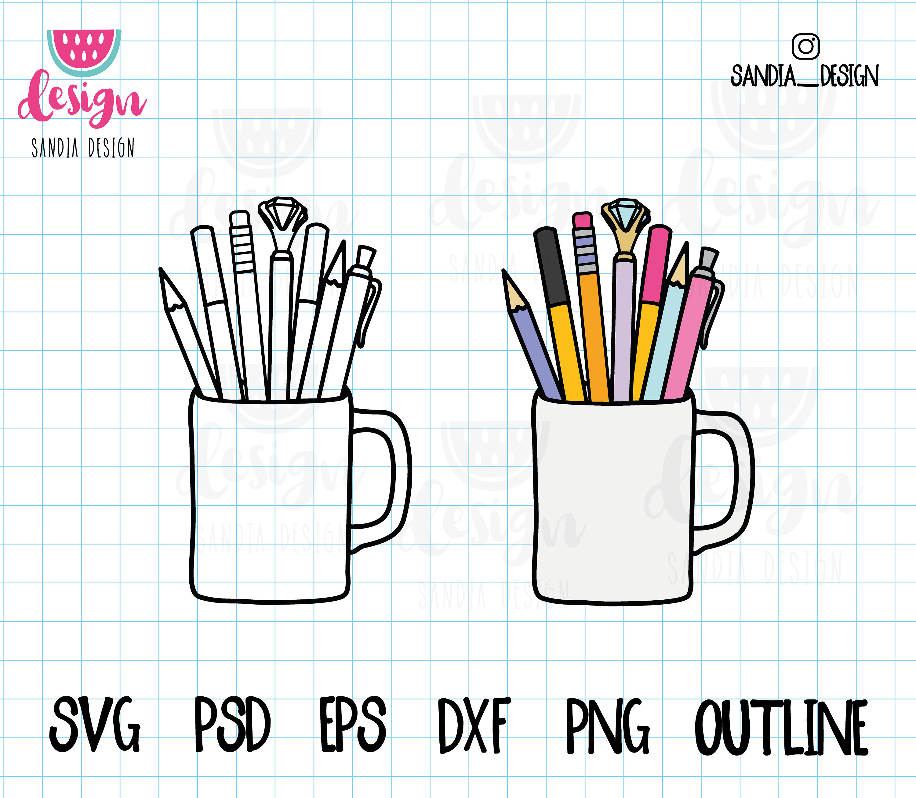 Doodle Mug with pens SVG PNG Psd outline personal and - Etsy España
