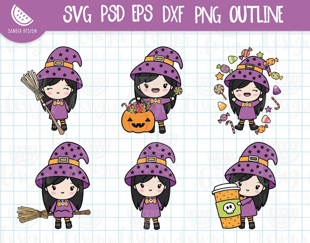 Little Witches Clip Art, Editable Chibi Girl, SVG, Png, PSD, Dxf, EPS ...