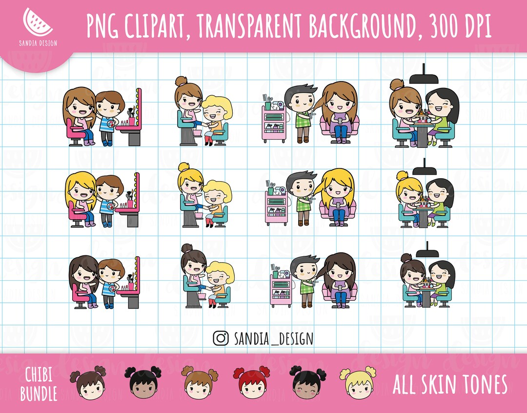 Chibi Beauty Salon, Girls Bundle Clipart, All Skin and Hair Tones ...
