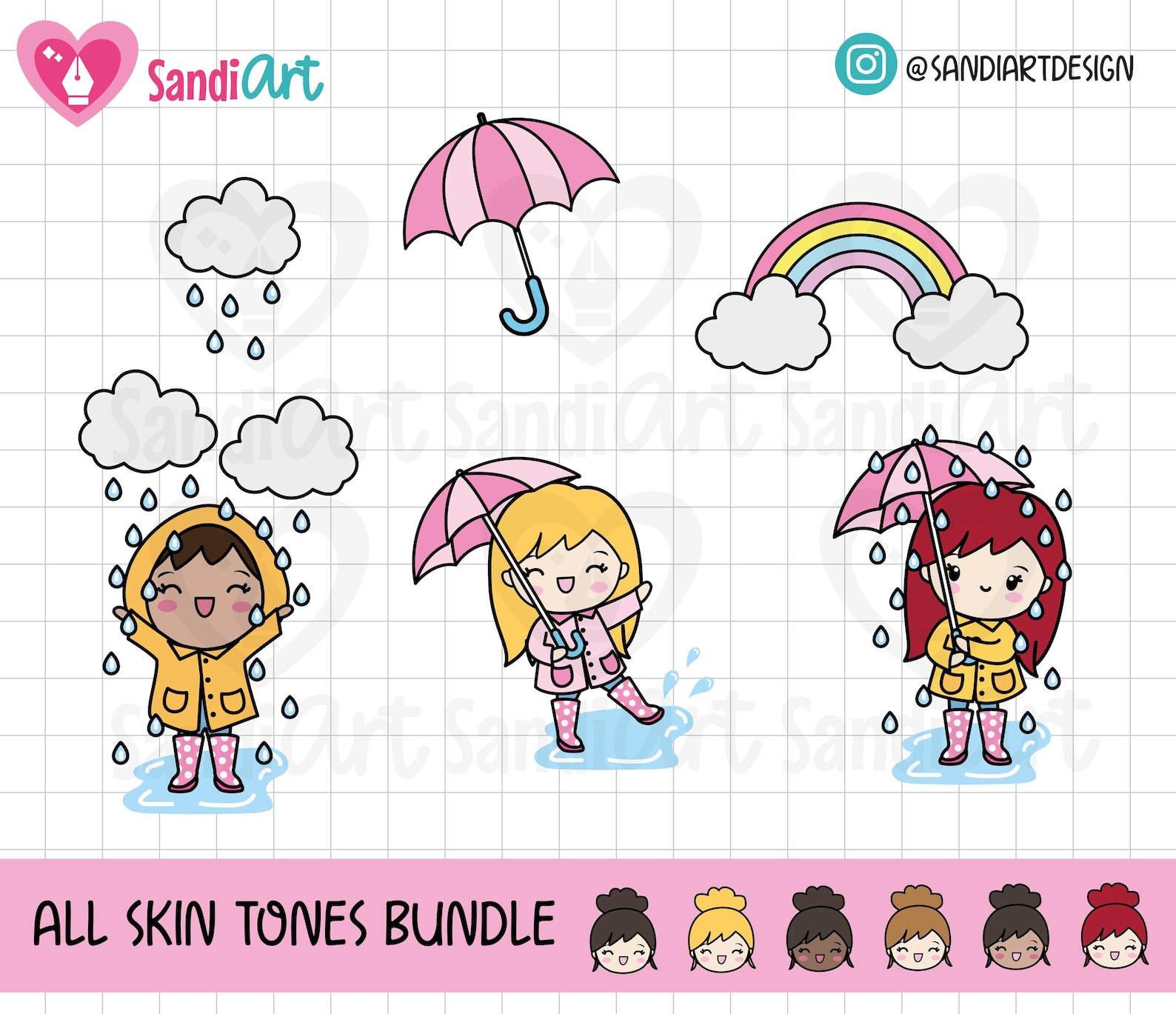 Rainy Days Bundle Clipart, All Skin and Hair Tones, Chibi Girl ...