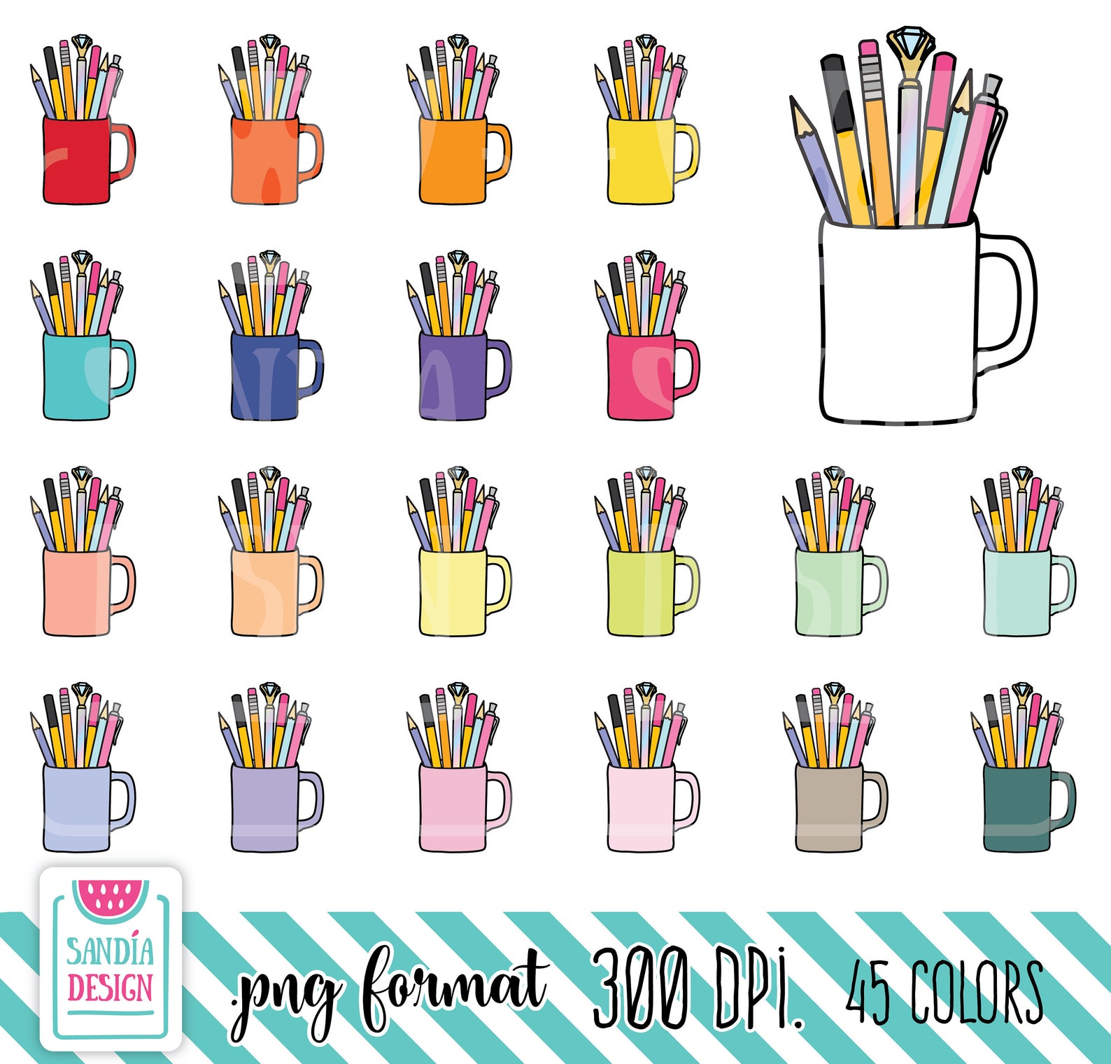 45 Doodle Cup With Pens and Pencils Clipart. Personal and Commercial ...