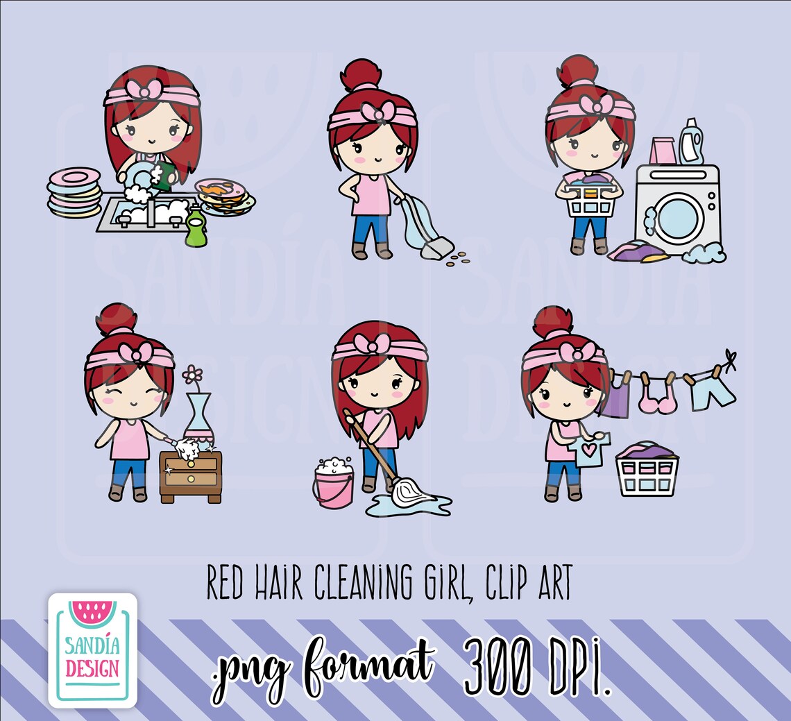 Red Hair Cleaning Girl Sticker, Clipart, House Keeper Stickers, Chibi ...