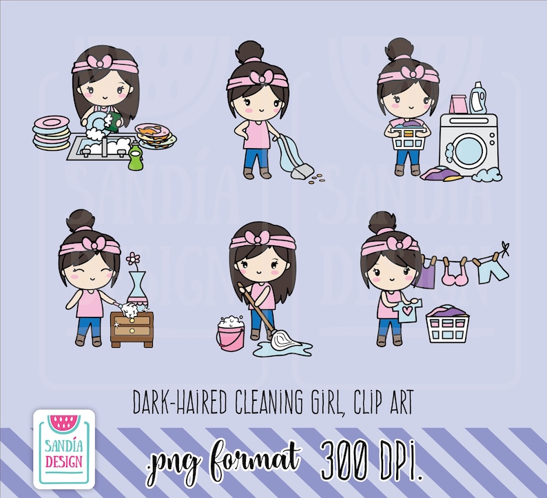 Dark-haired Cleaning Girl Sticker, Clipart, House Keeper Stickers ...