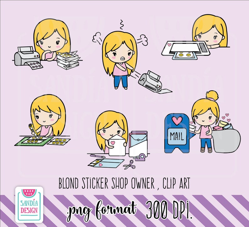 Blond Girl Sticker Shop Owner, Clipart, Print and Cut Stickers, Chibi ...