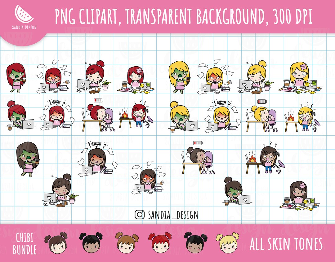 Chibi, Chibi Work, Overworked, Stressed, Angry, Girls Bundle Clipart ...