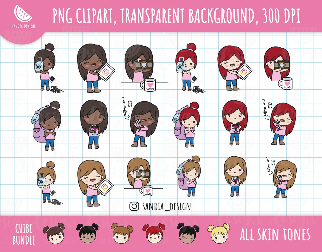 Chibi Chibi Hobbies Girls Bundle Clipart All Skin And Hair Tones