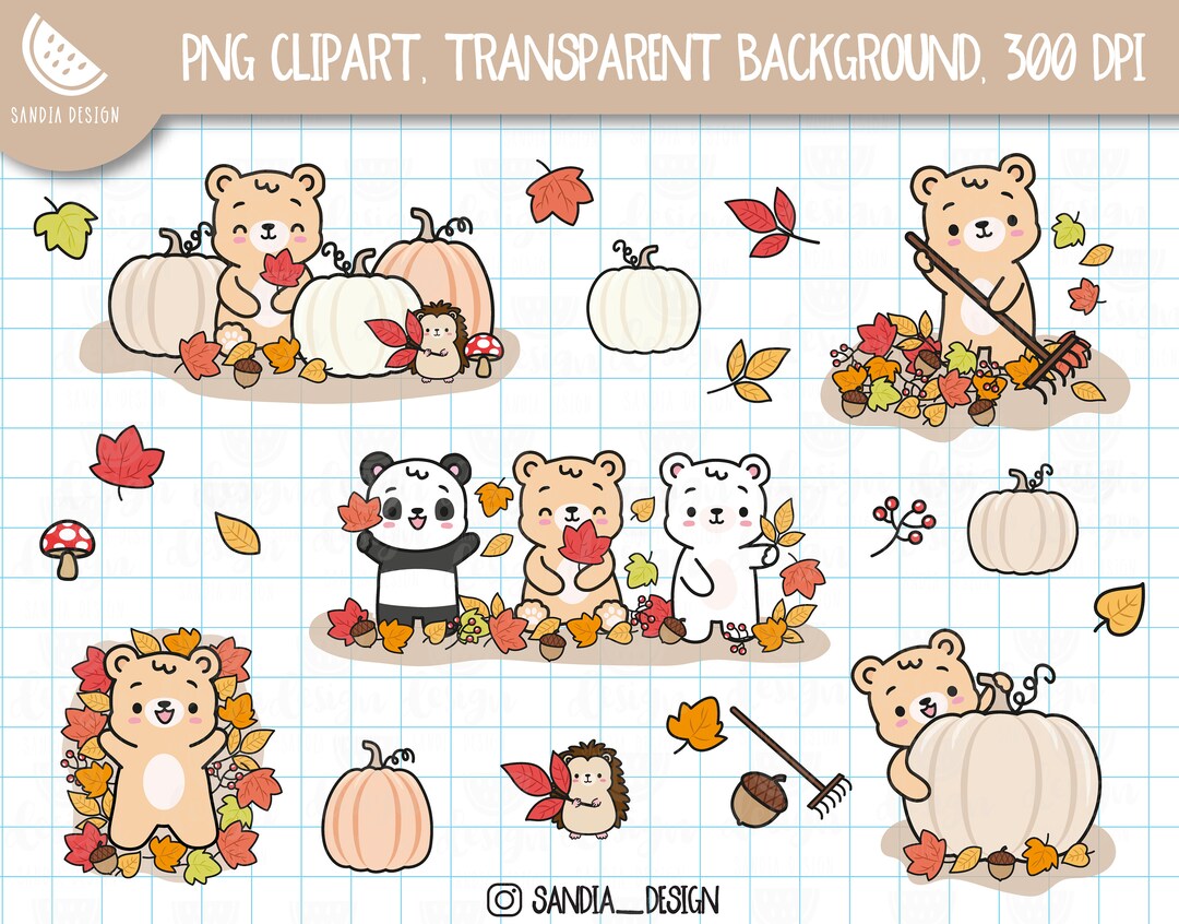 Cute Bear Clipart, Fall Set. Autumn Set. Personal and Commercial Use ...