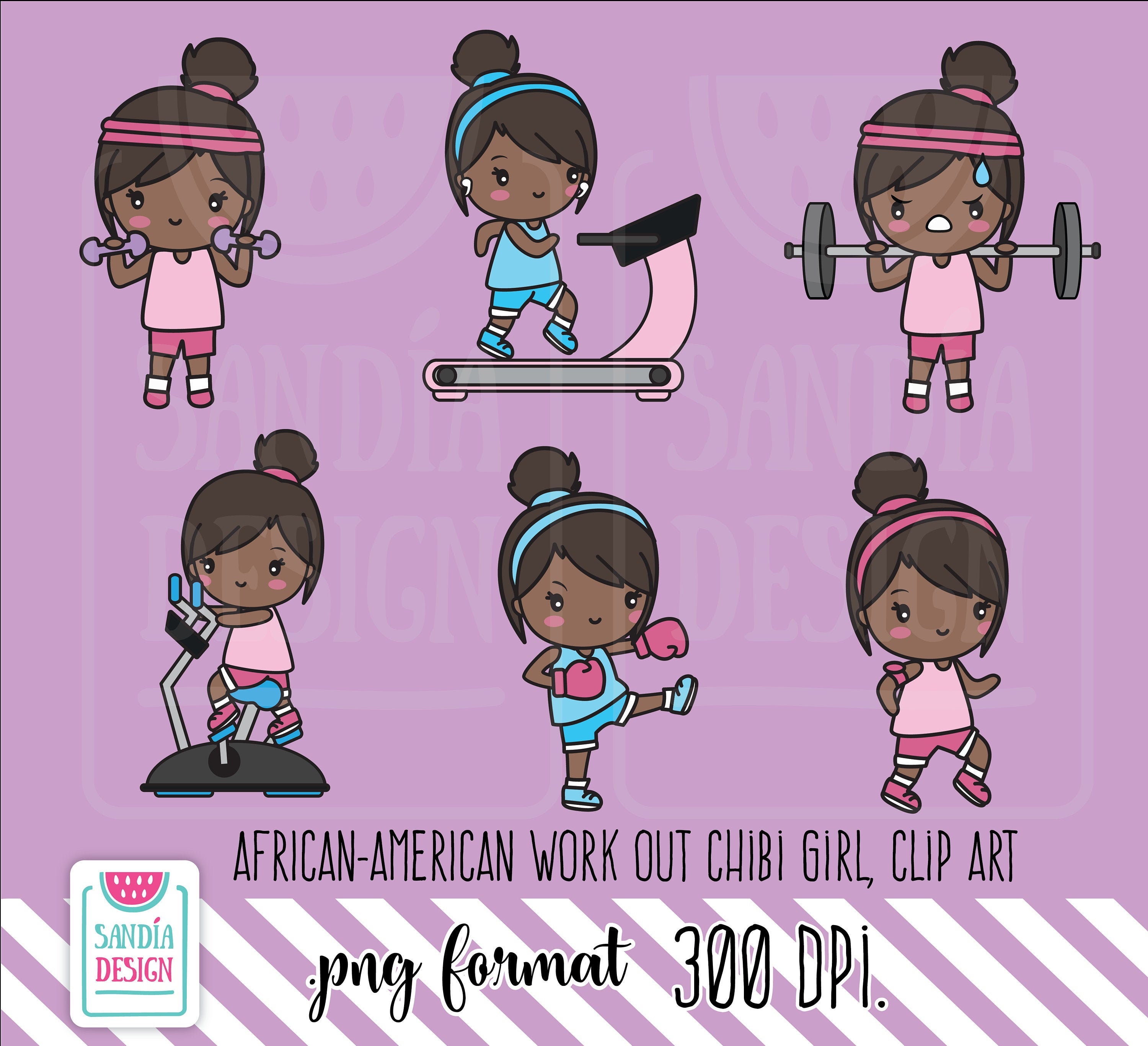 African-American Work out Clipart Chibi Girl Personal and | Etsy