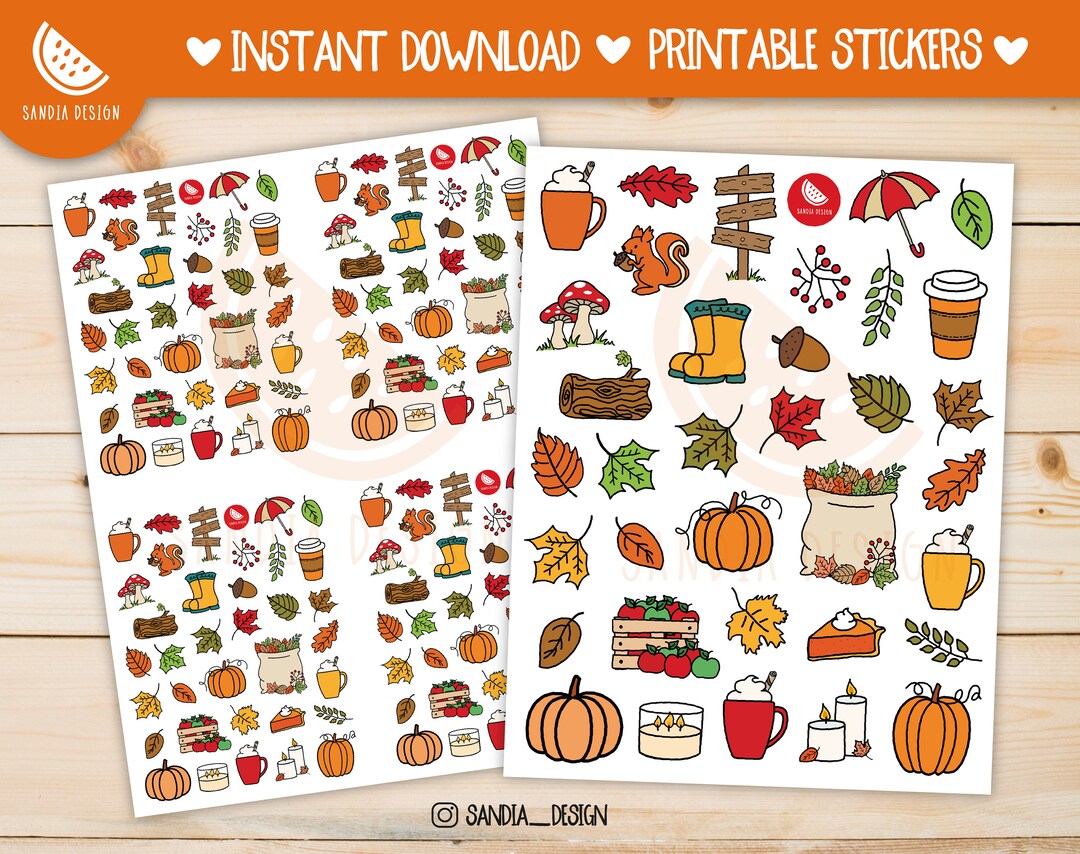 Printable Stickers Sheet, Printable Fall Stickers, Doodle Autumn ...