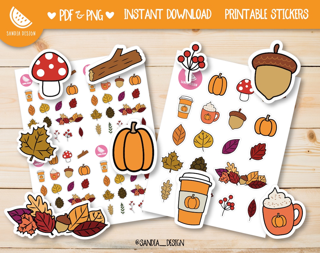 Printable Stickers Sheet, Doodle Fall Set Stickers, Doodle Autumn Set ...