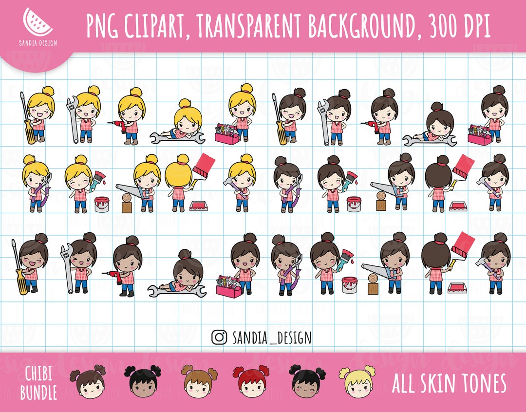 Chibi, Tools, Girls Bundle Clipart, All Skin and Hair Tones. Chibi Girl ...