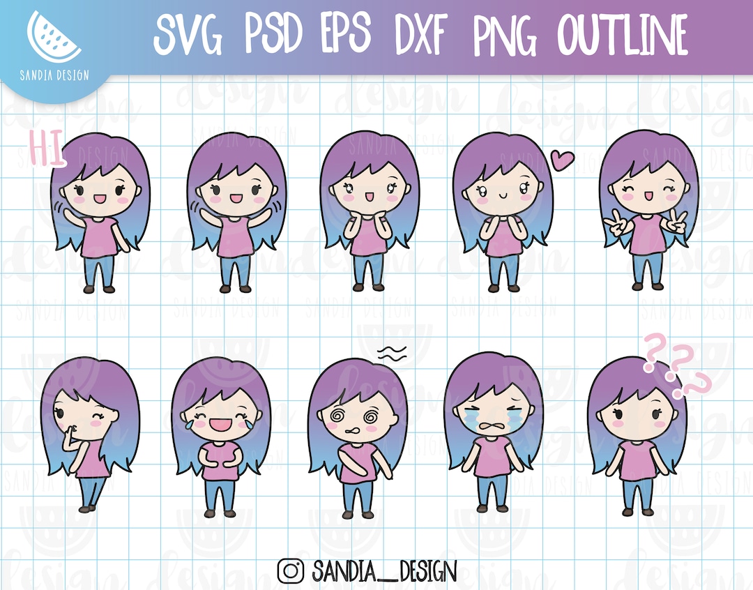 Chibi Feelings Set 1 Clip Art, Chibi Moods, Chibi Girl, SVG, Png, PSD ...