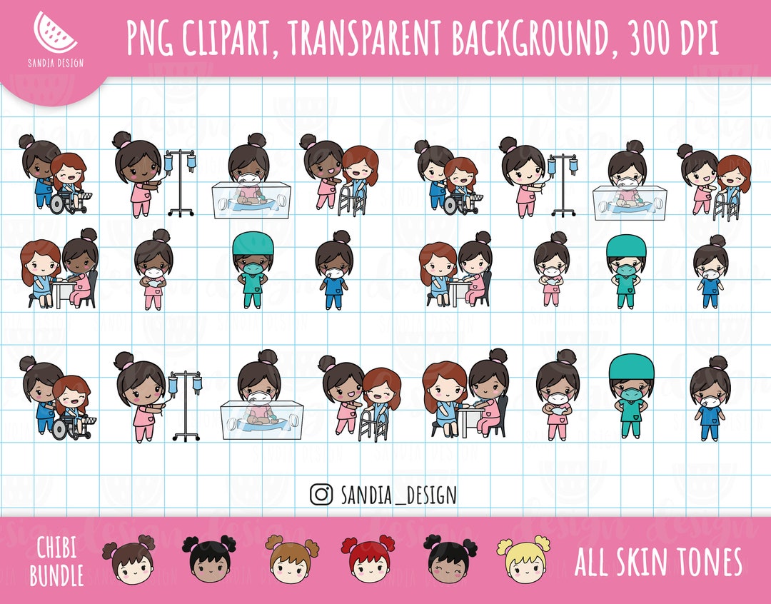 Chibi, Nurse, Girls Bundle Clipart, All Skin and Hair Tones. Chibi Girl ...
