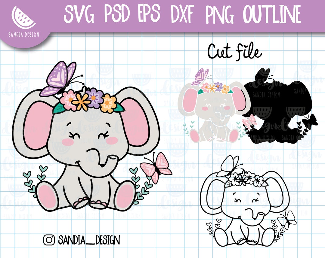 Doodle Spring Elephant, SVG, PNG, Psd, DXF, Eps, Outline, Cute Elephant ...