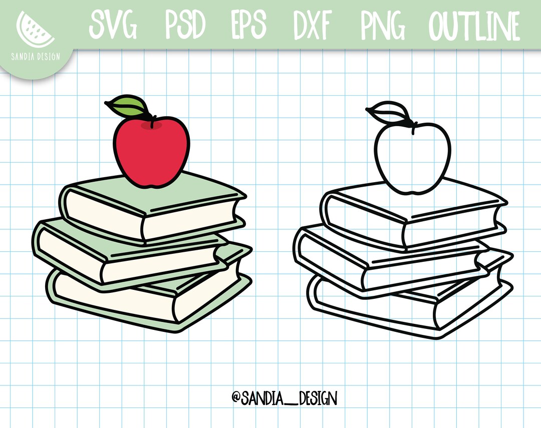 Doodle Books and Apple, SVG, PNG, Psd, Outline, Personal and Commercial ...