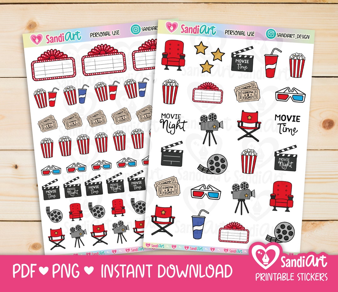Printable Stickers Sheet, Printable Planner Stickers. Doodle Movie Time ...