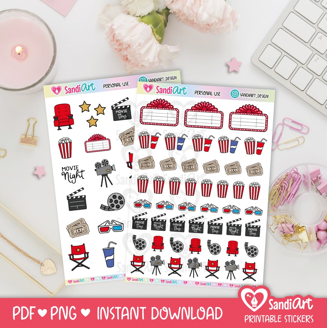 Printable Stickers Sheet, Printable Planner Stickers. Doodle Movie Time ...
