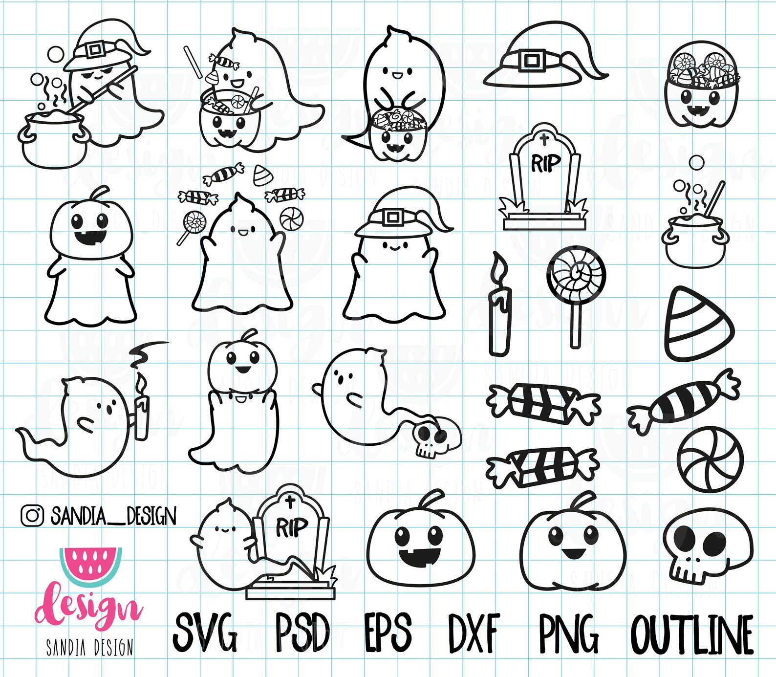 Doodle Halloween Clipart. Kawaii Ghost Digital Stamp PNG | Etsy