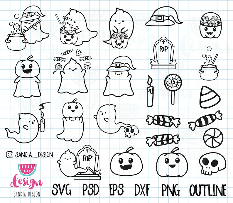 Doodle Halloween Clipart. Kawaii Ghost, Digital Stamp, PNG, SVG. PSD ...