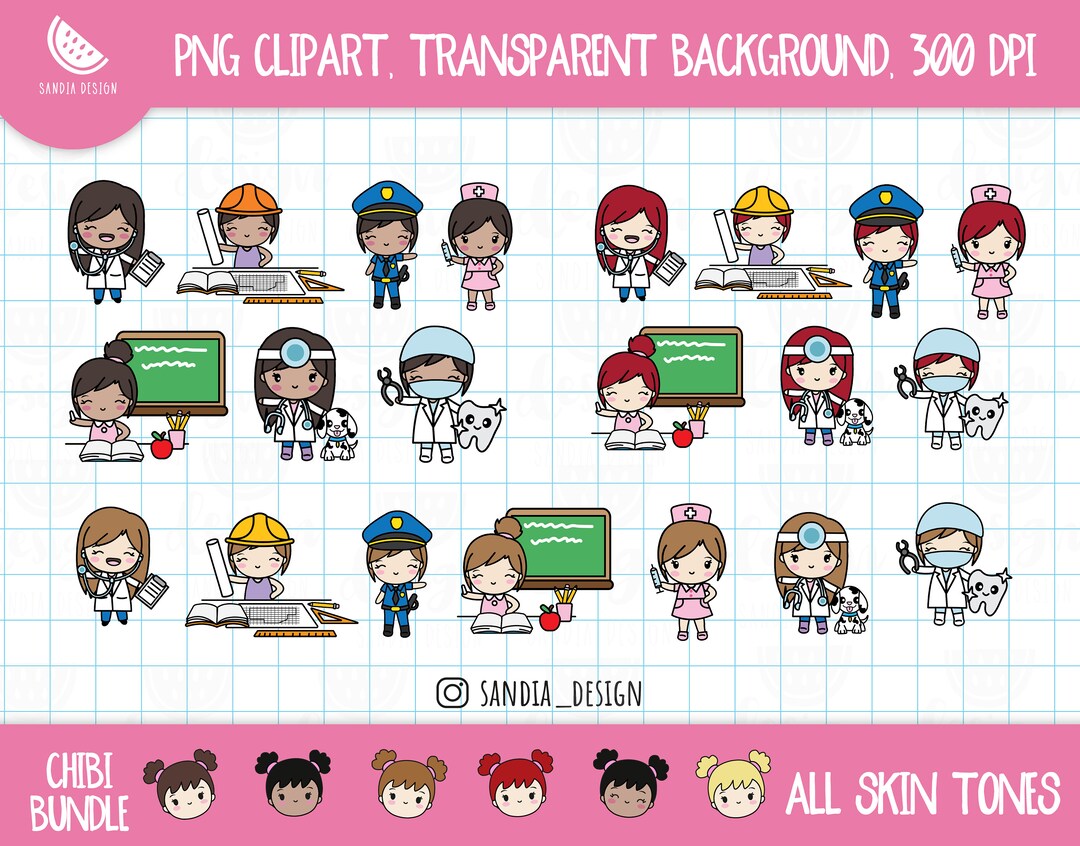 Chibi, Chibi Profession, Girls Bundle Clipart, All Skin and Hair Tones ...