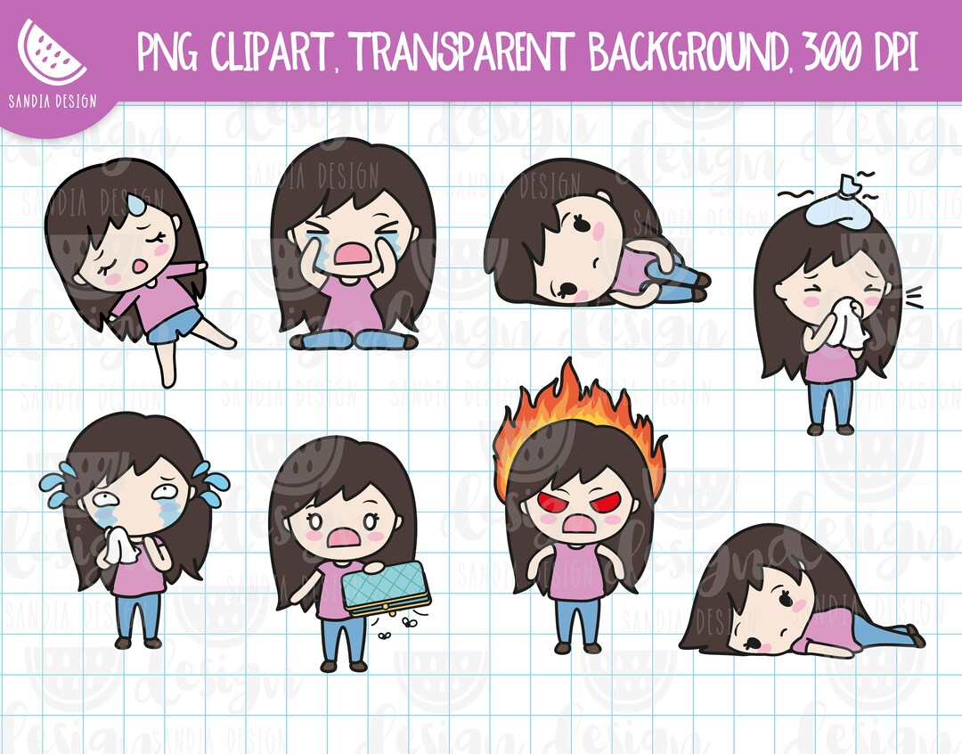 Chibi Feelings, Moods Girls Bundle Clipart, Dark Haired Chibi Girl. - Etsy