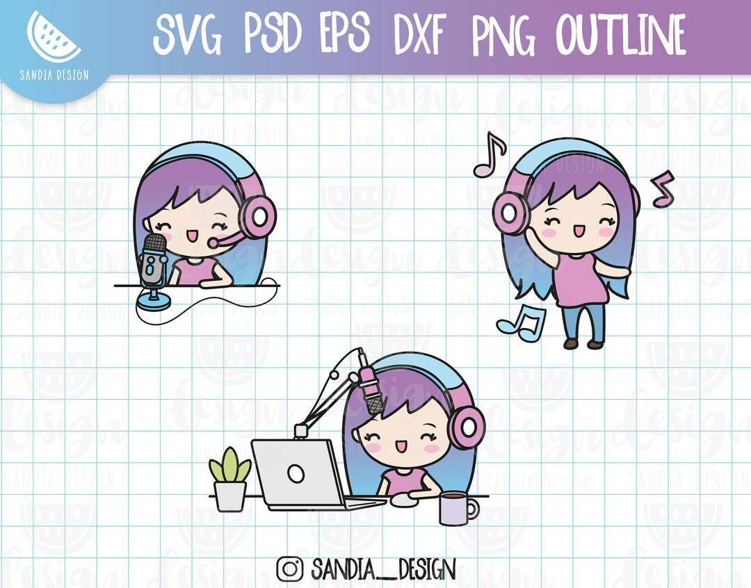Chibi Podcasting Clip Art, Chibi Girl, SVG, Png, PSD, Dxf, EPS ...