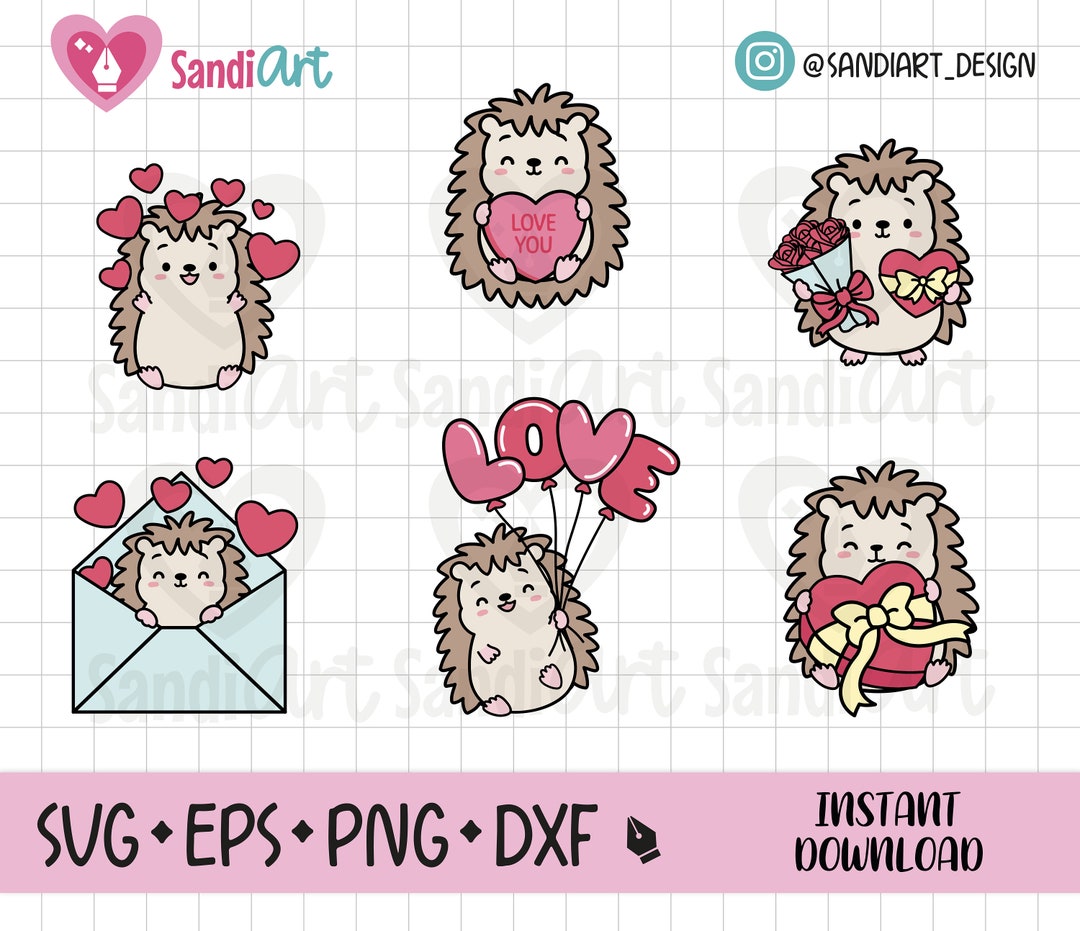 Doodle Valentine Hedgehog, EPS, SVG, PNG, Dxf, Outline, Cute Hedgehog ...