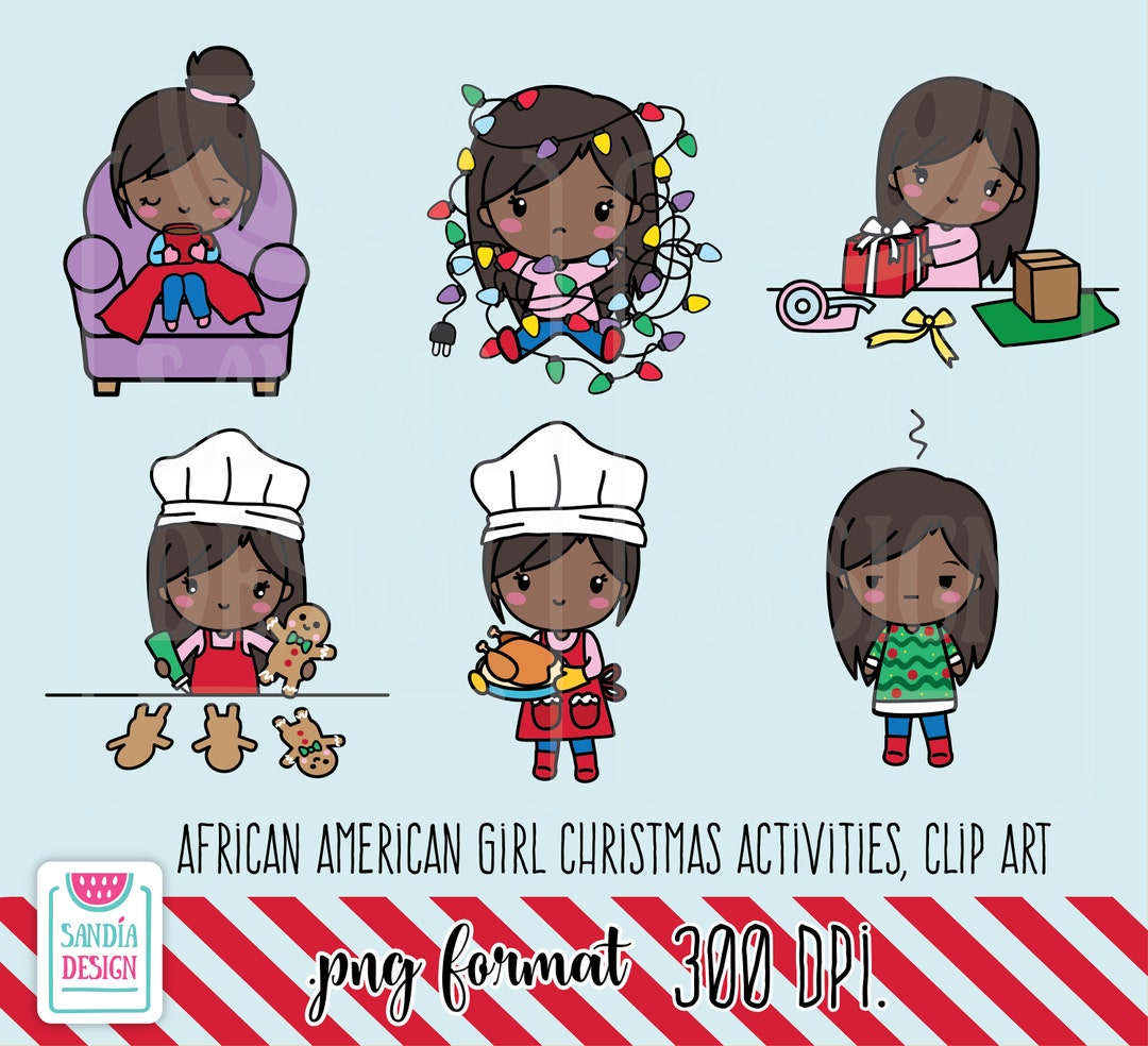African American Christmas Girls, Set 2, Clipart, Chibi Girl, Personal ...