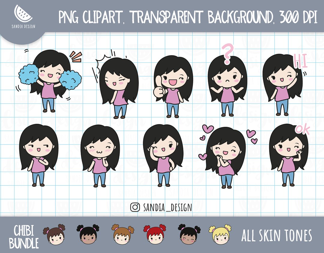 Chibi Feelings Moods Girls Bundle Clipart Dark Haired Chibi - Etsy