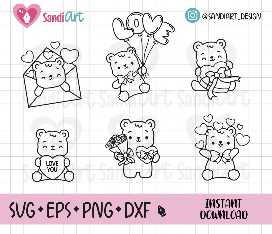 Doodle Valentines Day Bears Outline, EPS, SVG, PNG, Dxf, Teddy Bear ...