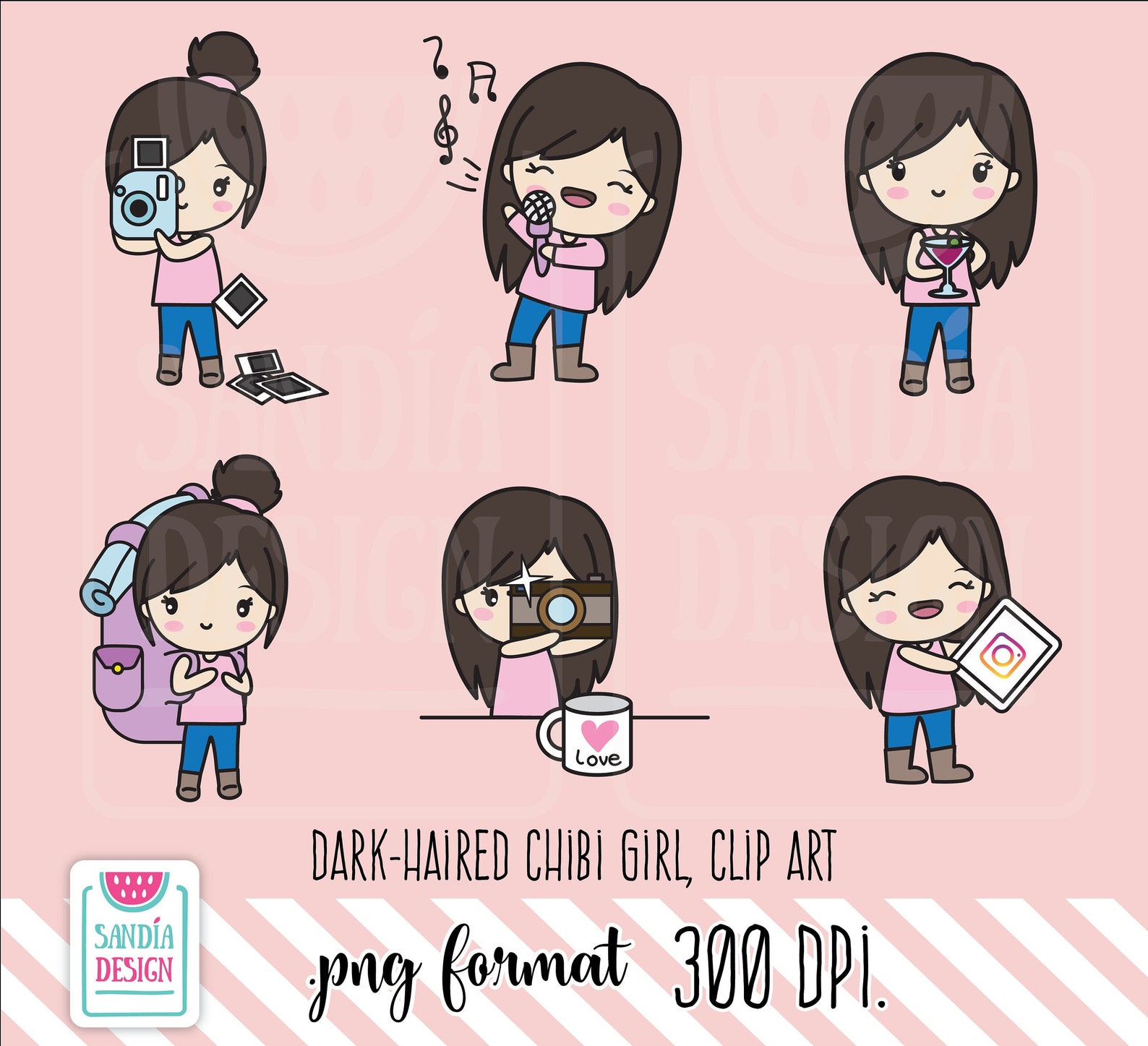 Dark Haired Hobbies Clipart Chibi Girl Personal And Comercial Use Etsy