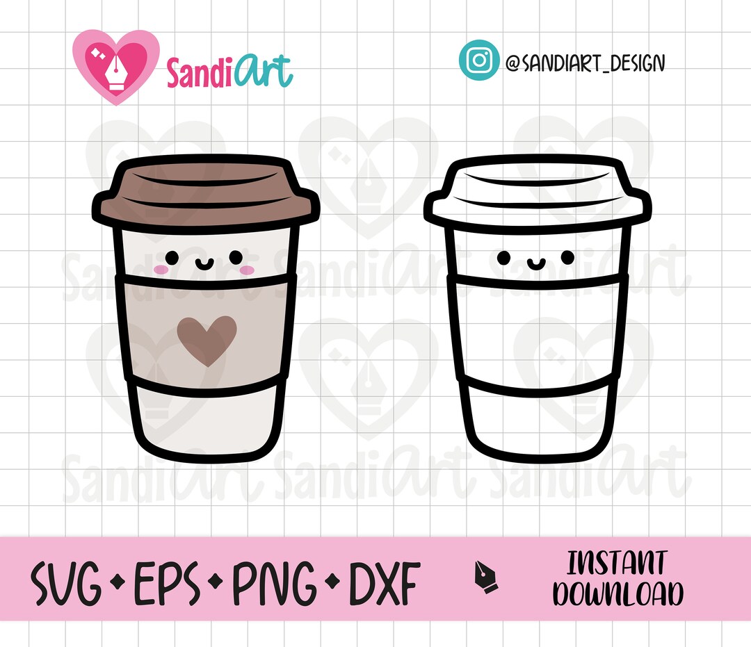 Cute Kawaii Coffee to Go, Editable Files, SVG, EPS, PNG, Dxf, Outline ...