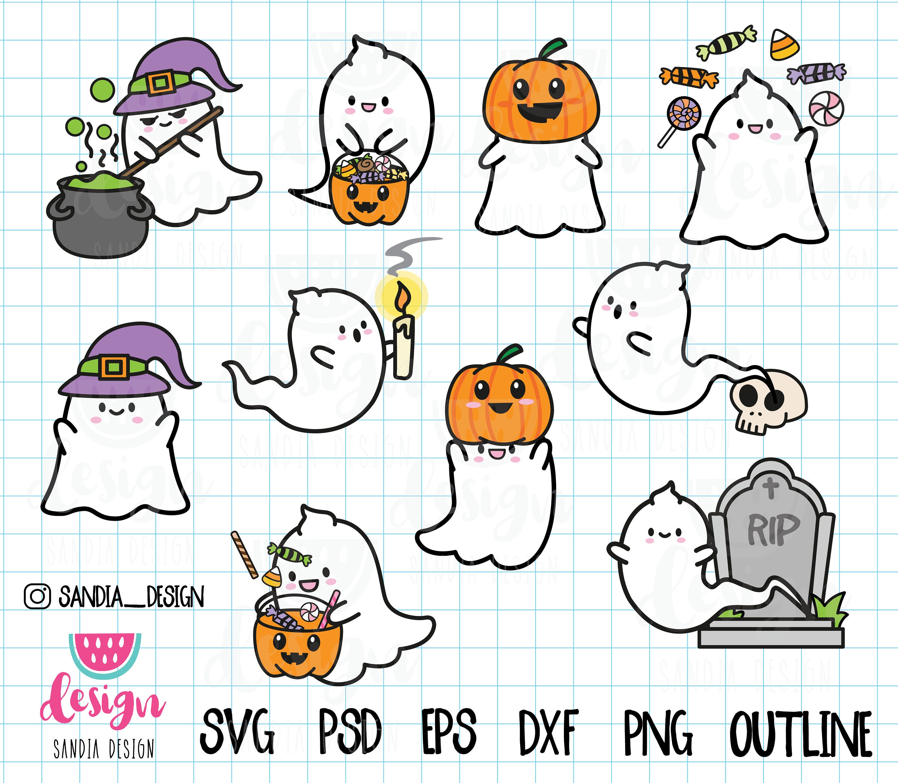 Doodle Halloween Clipart. Kawaii Ghost, Digital Stamp, PNG, SVG. PSD ...
