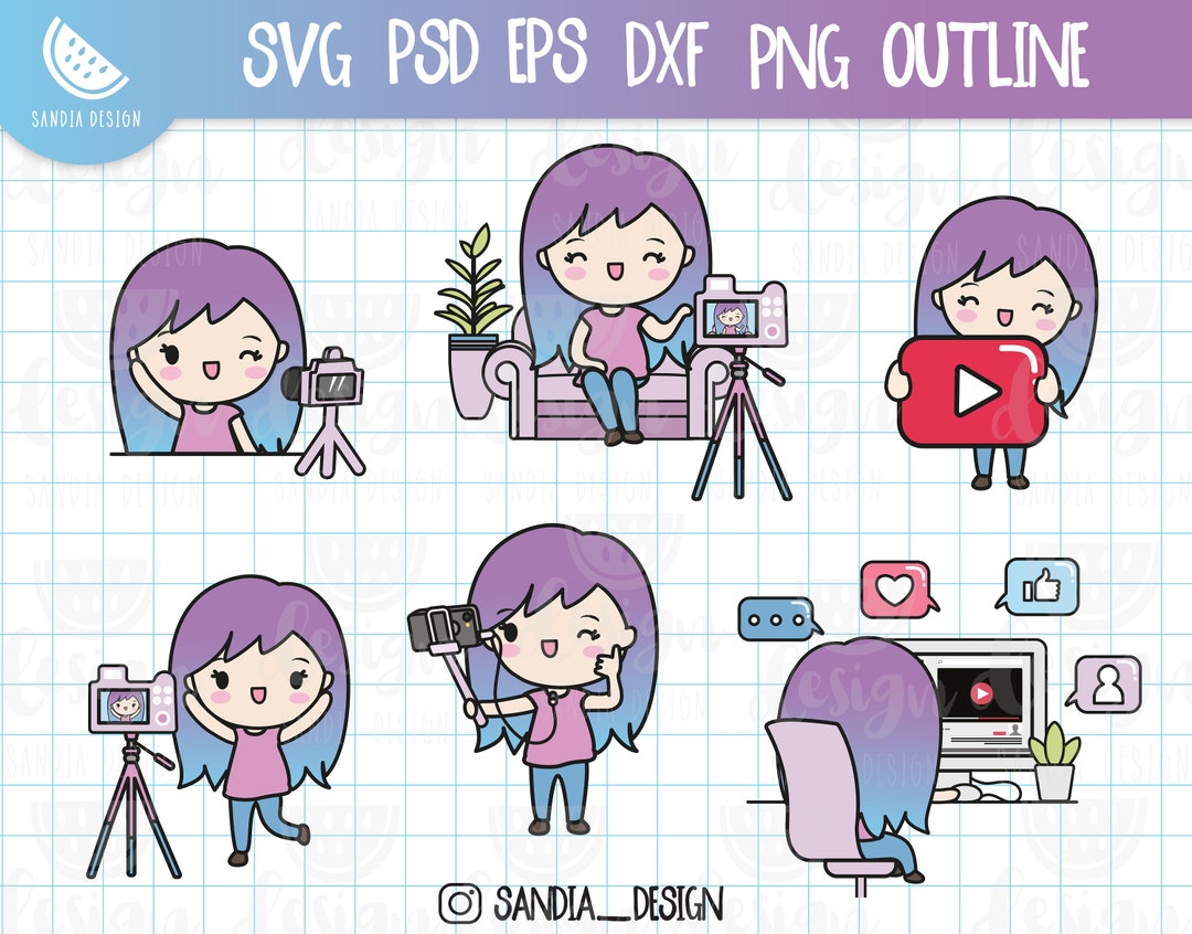 Chibi Youtuber Clip Art, Chibi Blogger, Influencer SVG, Png, PSD, Dxf ...