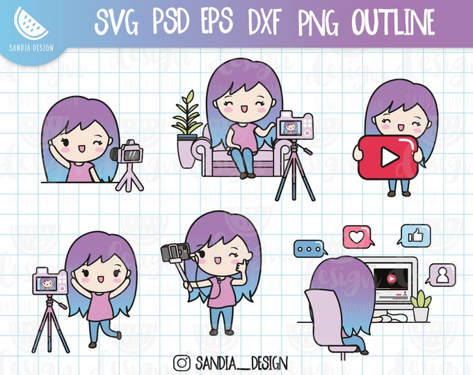 Chibi Youtuber Clip Art, Chibi Blogger, Influencer SVG, Png, PSD, Dxf ...
