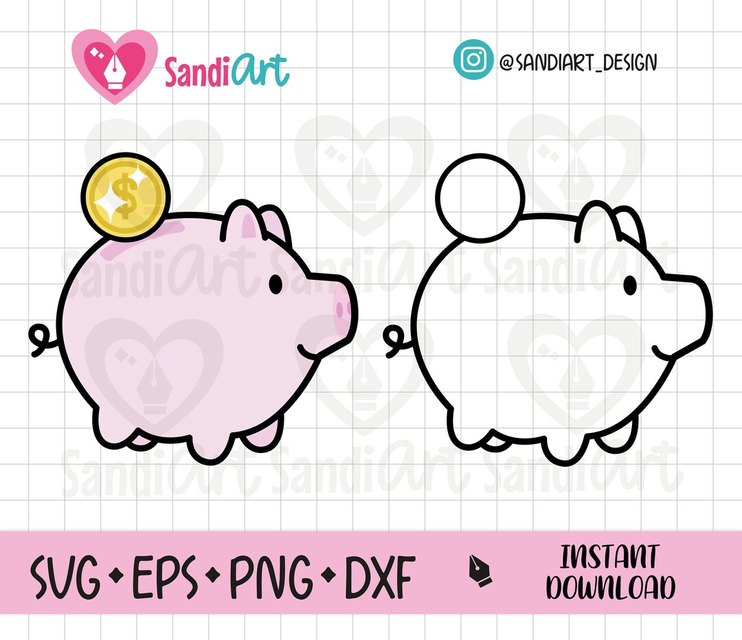 Cute Kawaii Piggy Bank, Editable Files, SVG, EPS, PNG, Dxf, Outline ...