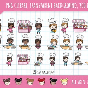 Chibi Bakery, Girls Bundle Clipart, All Skin and Hair Tones. Chibi Girl ...