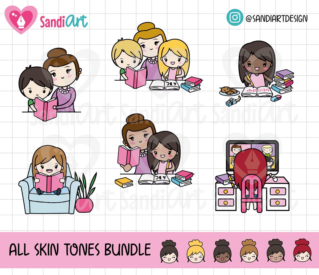 Homeschooling Chibi Bundle Clipart, All Skin and Hair Tones. Chibi Girl ...