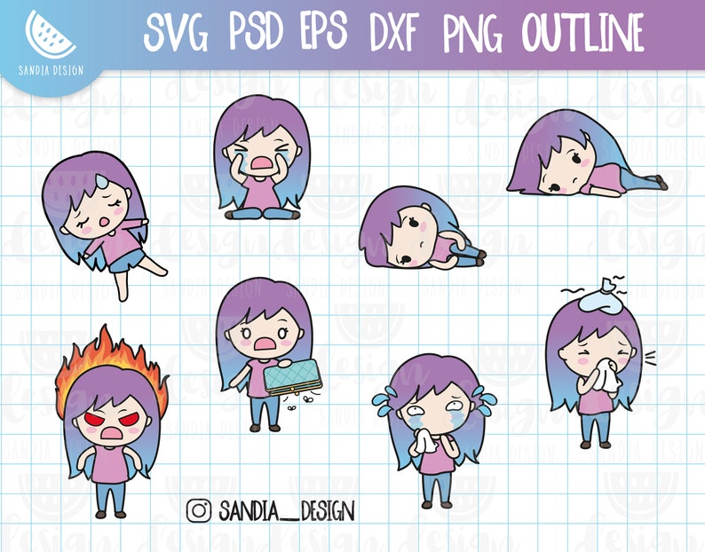 Chibi Feelings Set 3 Clip Art, Chibi Moods, Chibi Girl, SVG, Png, PSD ...